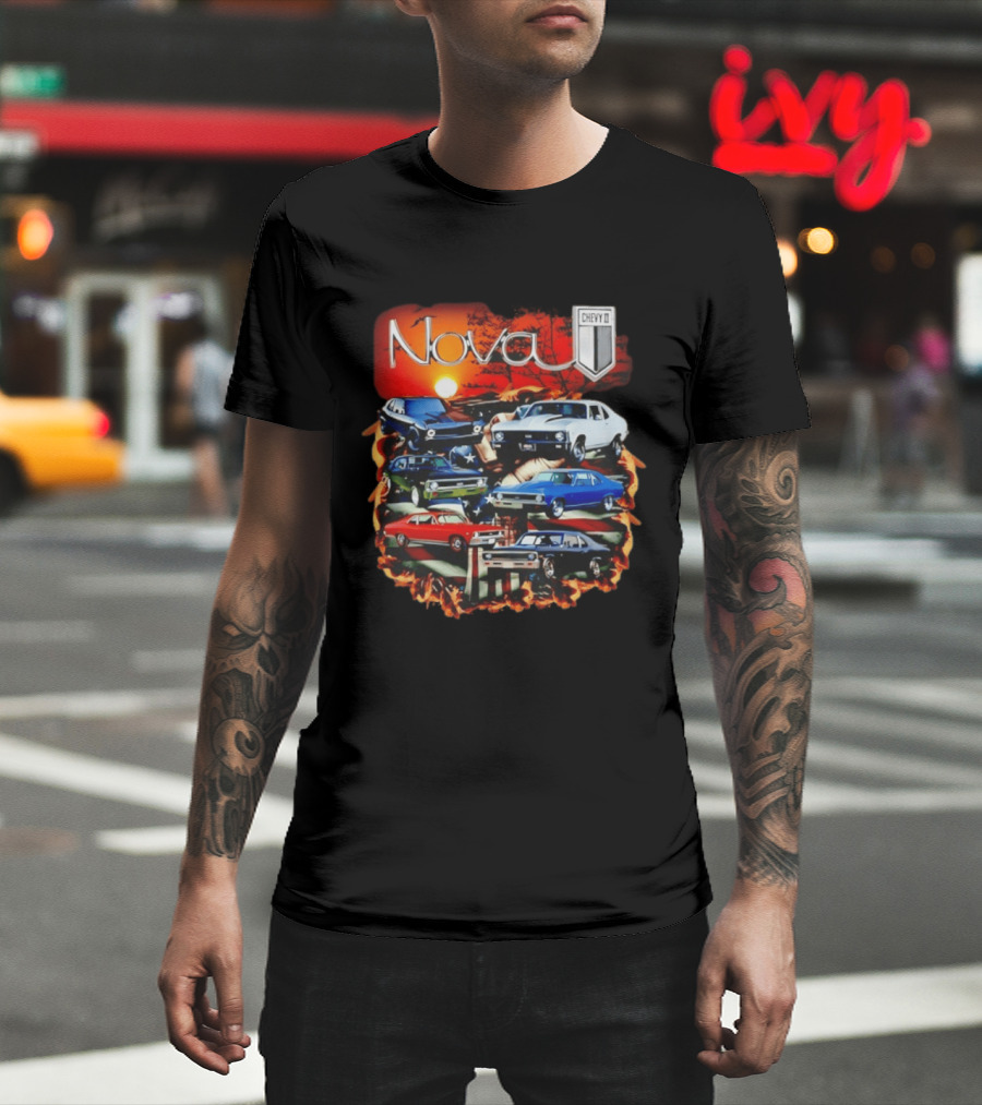 Nova Chevy II American Flag Muscle Car Collection Vintage Sunset T-Shirt