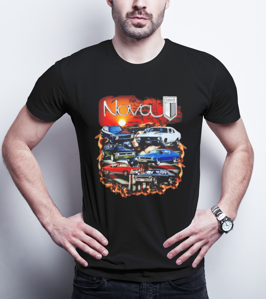 Nova Chevy II American Flag Muscle Car Collection Vintage Sunset T-Shirt