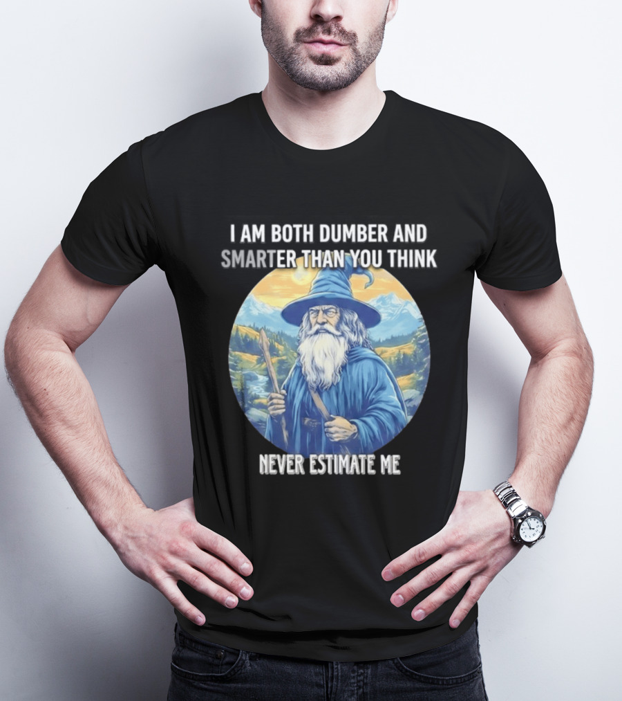I Am Both Dumber And Smarter Than You Think Never Estimate Me Wizard Blue Robe And Hat Mountain T-Shirt
