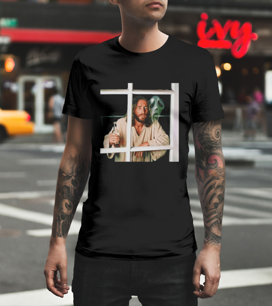 Jesus Drinking Whiskey With Ghostface Killer Behind Window T-Shirt