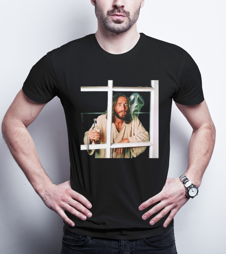 Jesus Drinking Whiskey With Ghostface Killer Behind Window T-Shirt