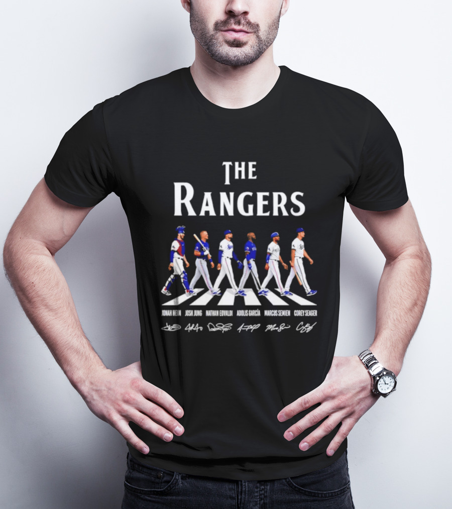 The Rangers Jonah Heim Josh Jung Nathan Eovaldi Adolis Garcia Marcus Semien Corey Seager Abbey Road Baseball Players T-Shirt