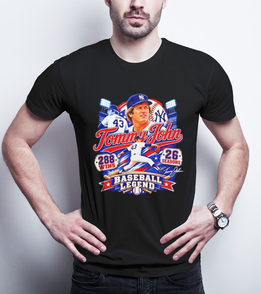 Tommy John 43 NY Yankees Baseball Legend 288 Wins 26 Seasons T-Shirt