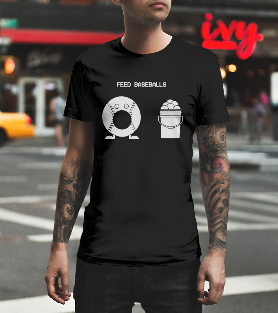 Feed Baseballs Funny Donut Character With Baseball Bucket T-Shirt