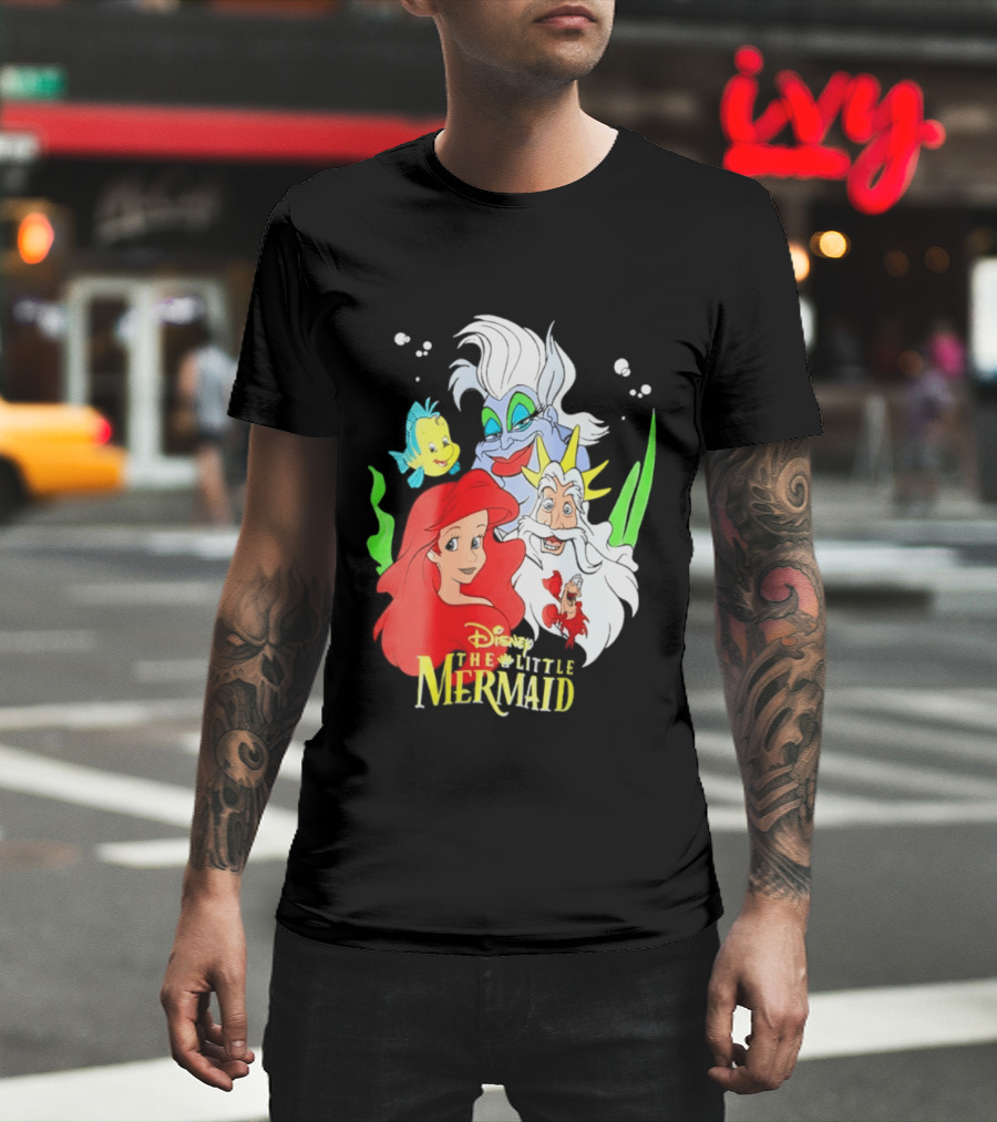 Disney The Little Mermaid Ariel Ursula King Triton Flounder Characters T-Shirt