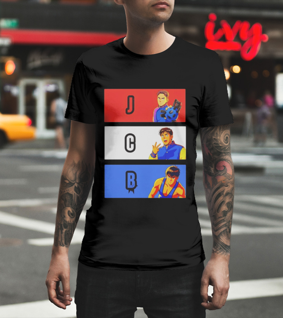 JCB Anime Characters Red White Blue Panels T-Shirt