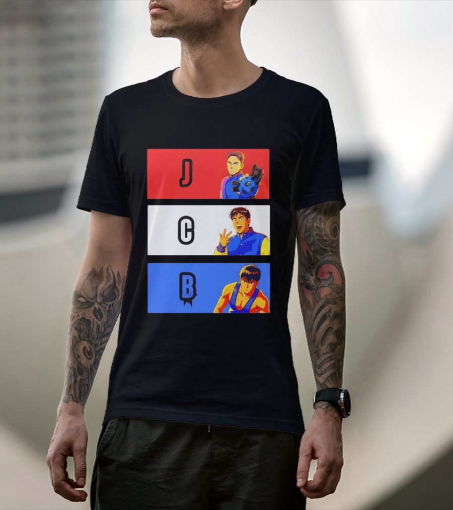 JCB Anime Characters Red White Blue Panels T-Shirt
