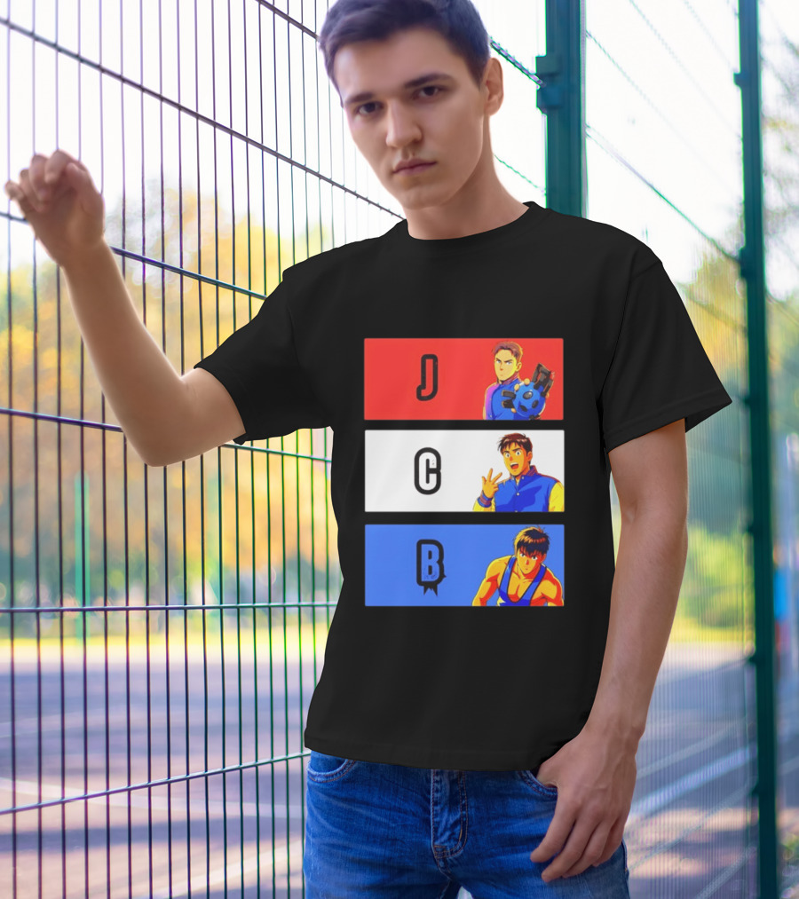 JCB Anime Characters Red White Blue Panels T-Shirt