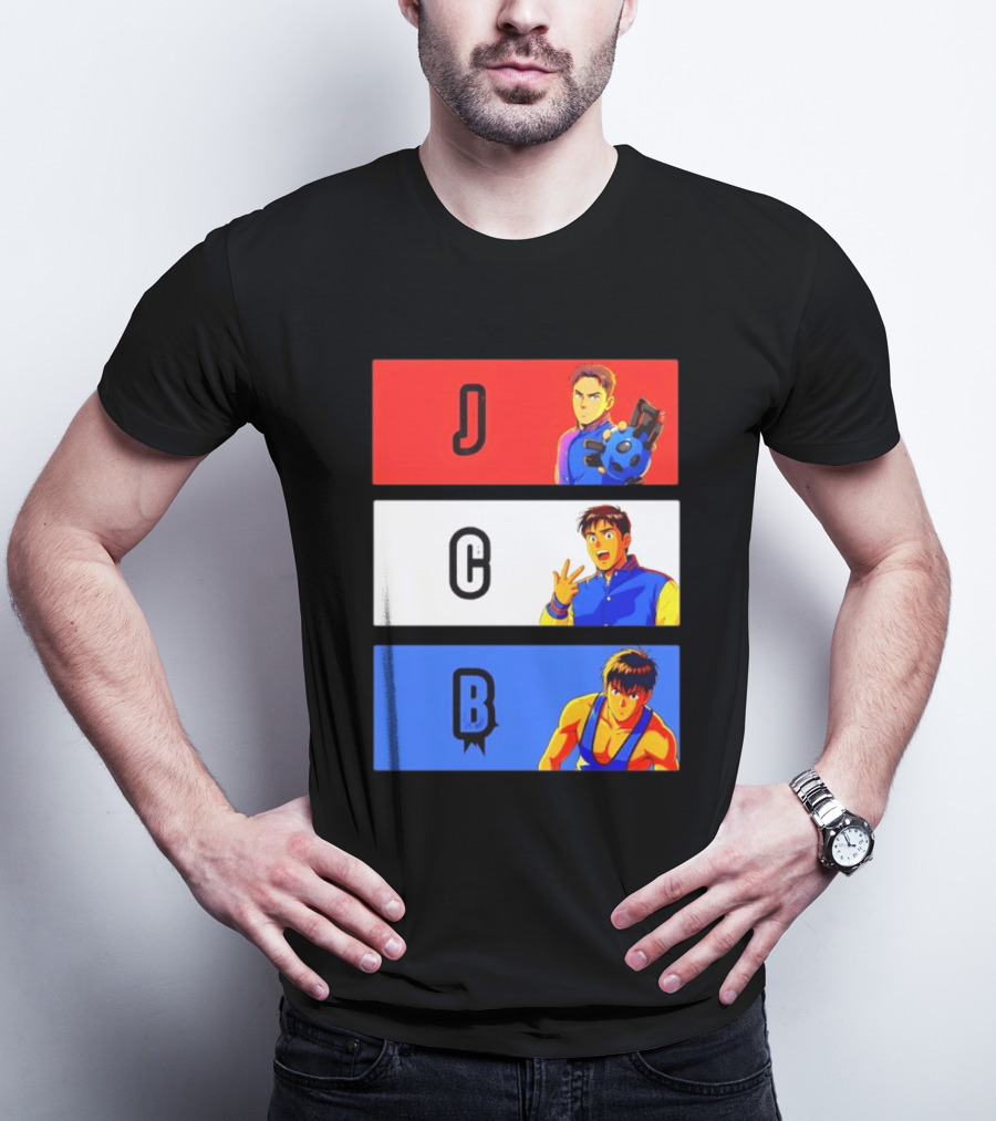 JCB Anime Characters Red White Blue Panels T-Shirt