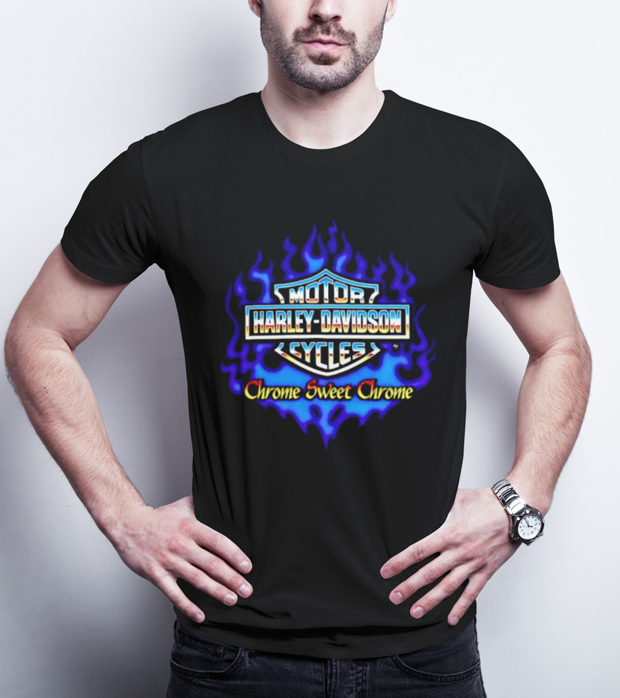 Harley Davidson Motor Cycles Chrome Sweet Chrome Blue Flames T-Shirt