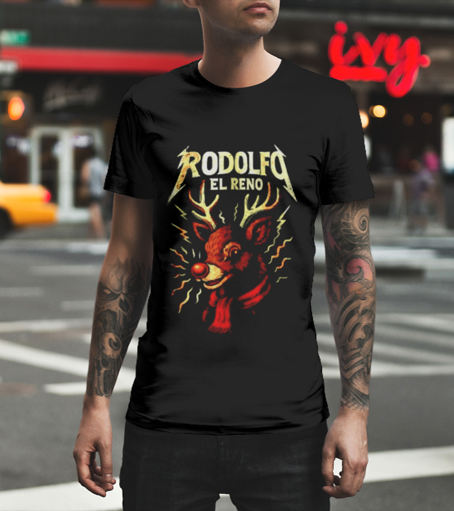 Rodolfo El Reno Heavy Metal Reindeer Christmas Lightning Antlers T-Shirt