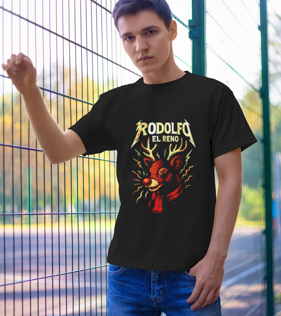 Rodolfo El Reno Heavy Metal Reindeer Christmas Lightning Antlers T-Shirt