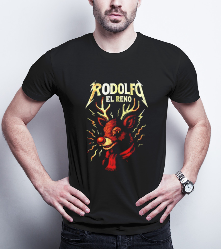 Rodolfo El Reno Heavy Metal Reindeer Christmas Lightning Antlers T-Shirt