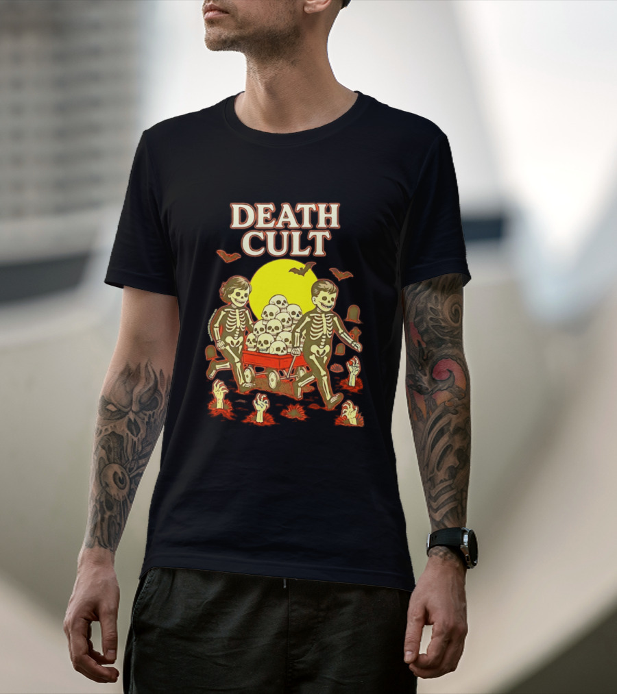 Death Cult Skeleton Kids Hauling Skull Filled Wagon With Rising Hands And Bats T-Shirt