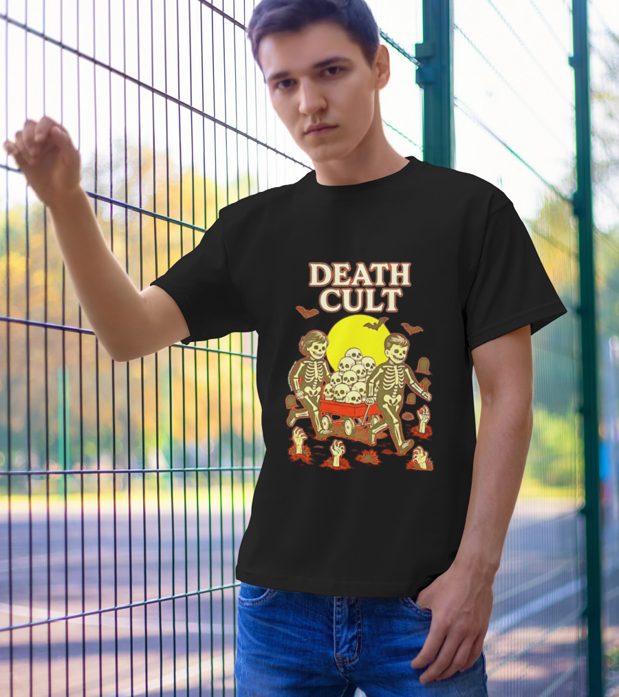 Death Cult Skeleton Kids Hauling Skull Filled Wagon With Rising Hands And Bats T-Shirt