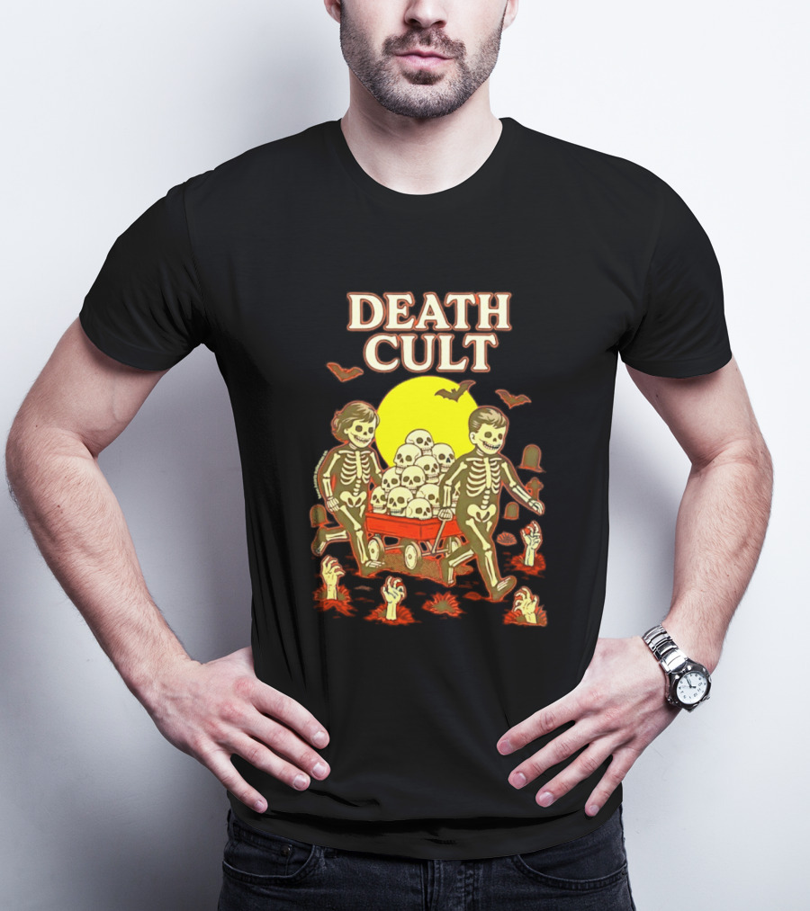 Death Cult Skeleton Kids Hauling Skull Filled Wagon With Rising Hands And Bats T-Shirt