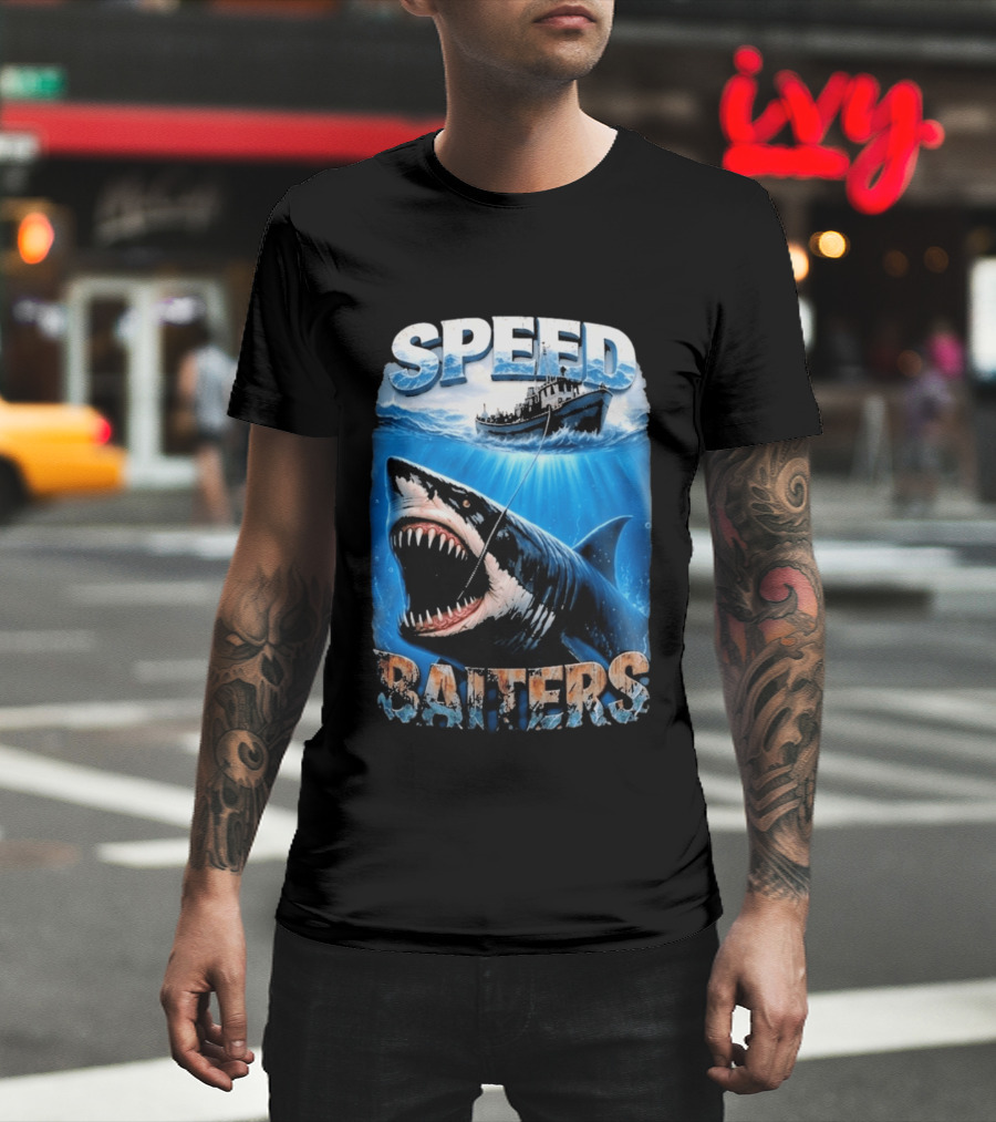 Speed Baiters Shark With Boat And Ocean T-Shirt