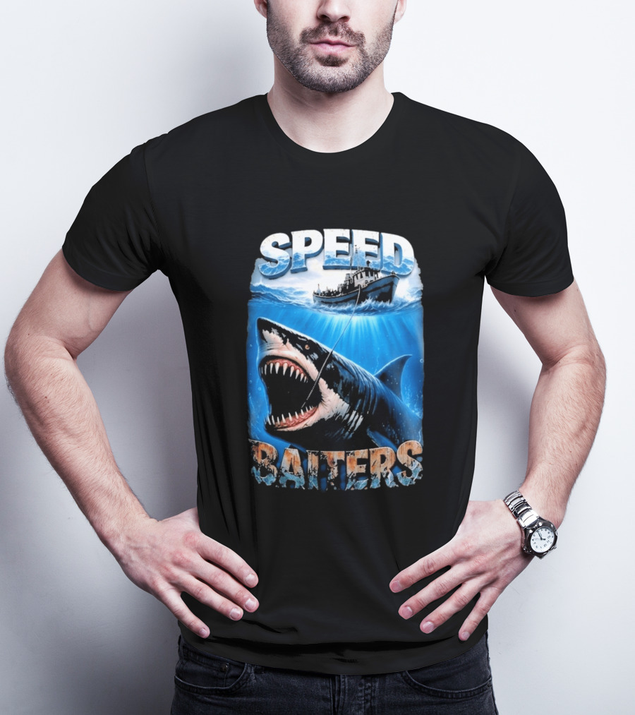 Speed Baiters Shark With Boat And Ocean T-Shirt