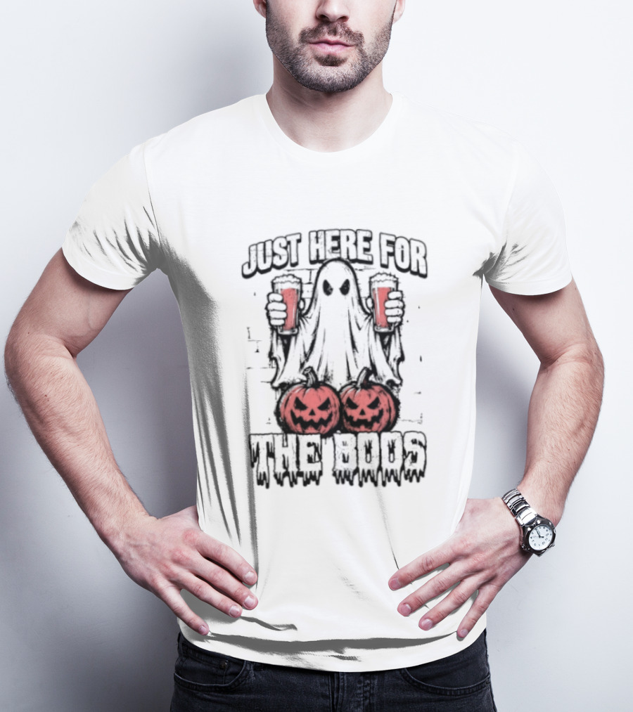 Just Here For The Boos Ghost With Beers And Pumpkins Halloween T-Shirt