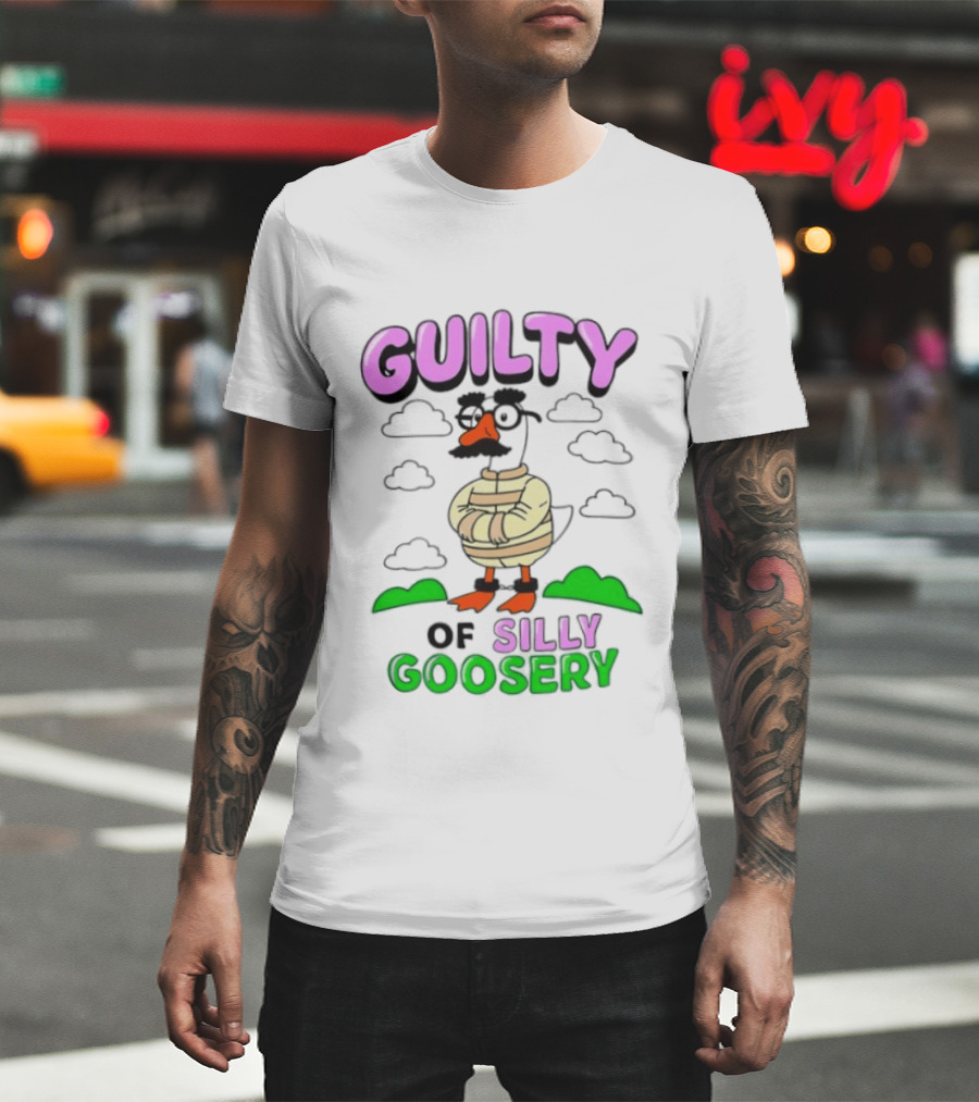Guilty Of Silly Goosery Cartoon Goose In Striped Suit T-Shirt