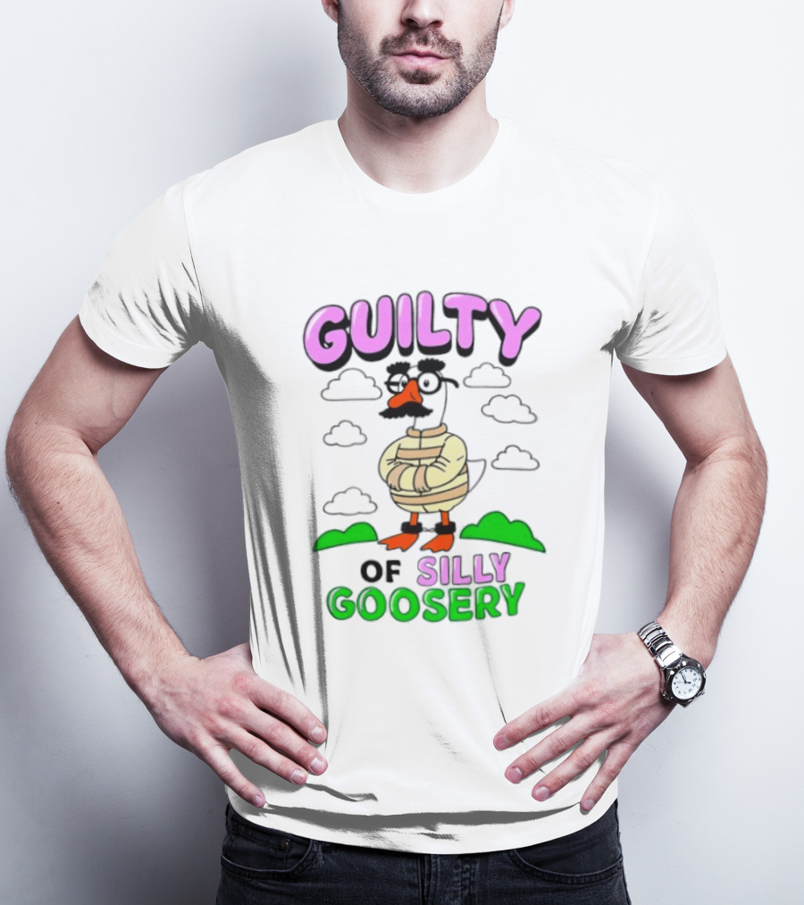 Guilty Of Silly Goosery Cartoon Goose In Striped Suit T-Shirt