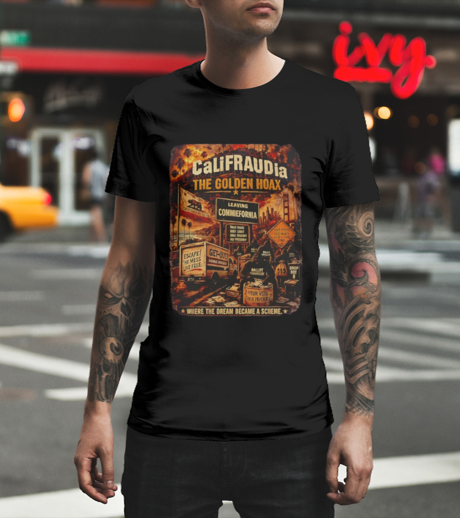 CaliFRAUDia The Golden Hoax Leaving Commiefornia Escape The Mess Live Free T-Shirt