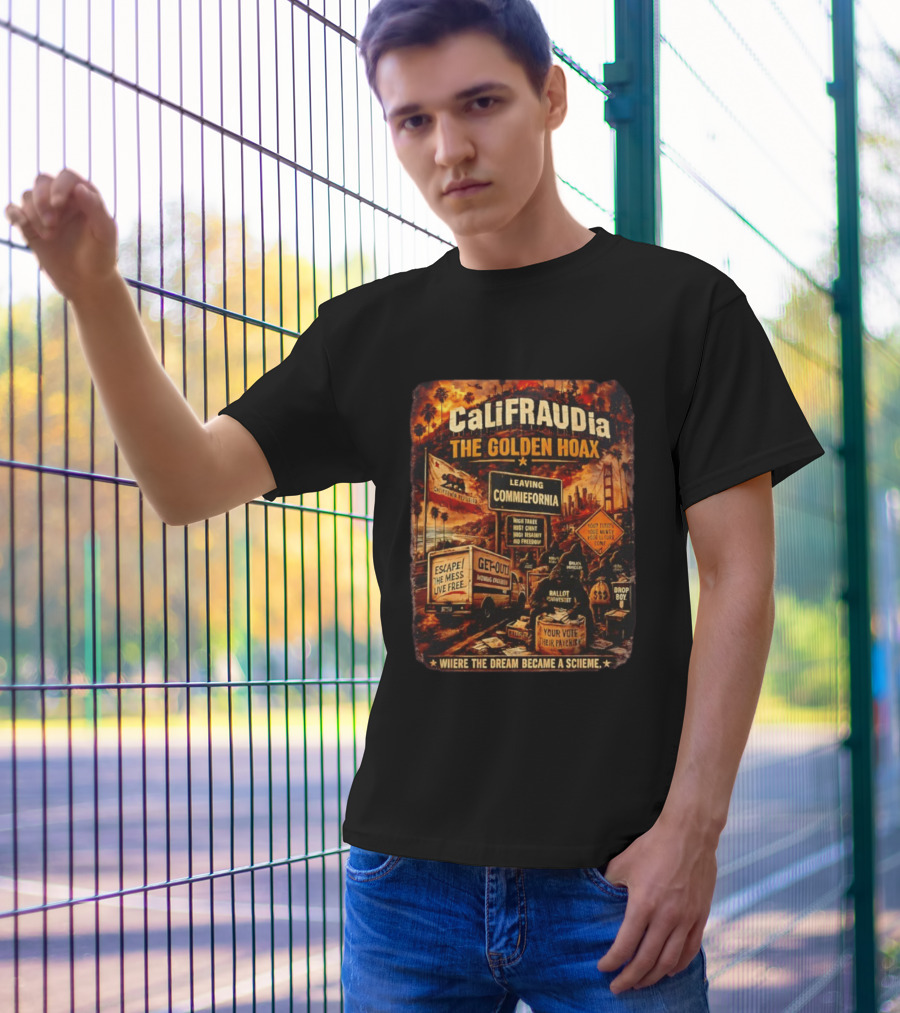 CaliFRAUDia The Golden Hoax Leaving Commiefornia Escape The Mess Live Free T-Shirt