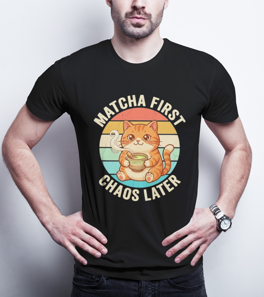 Matcha First Chaos Later Cat Retro Stripes Tea T-Shirt