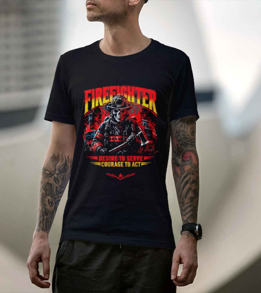 Firefighter Skull Desire To Serve Courage To Act Vintage Fireman Helmet And Axe T-Shirt