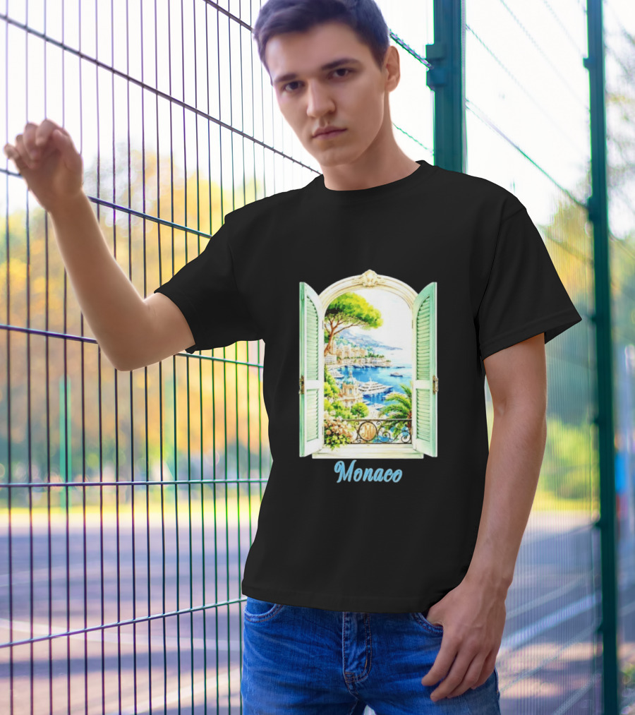 Monaco Window View French Riviera Monte Carlo Scenic Coastal Paradise T-Shirt