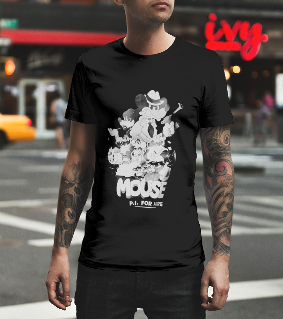 Mouse PI For Hire Vintage Detective Noir Cartoon Mystery T-Shirt