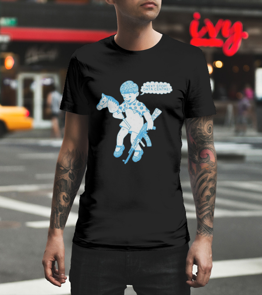 Next Stop Data Centre Kid With Hobby Horse And Toy Rifle Tech Humor T-Shirt