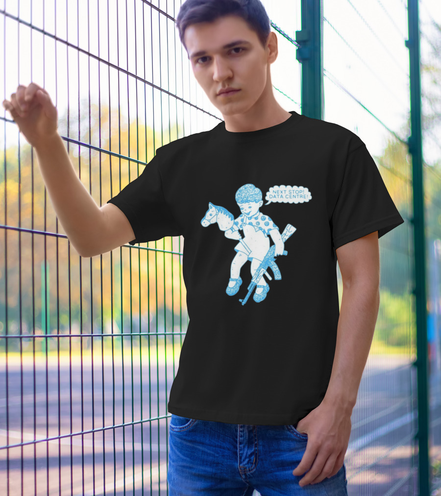 Next Stop Data Centre Kid With Hobby Horse And Toy Rifle Tech Humor T-Shirt