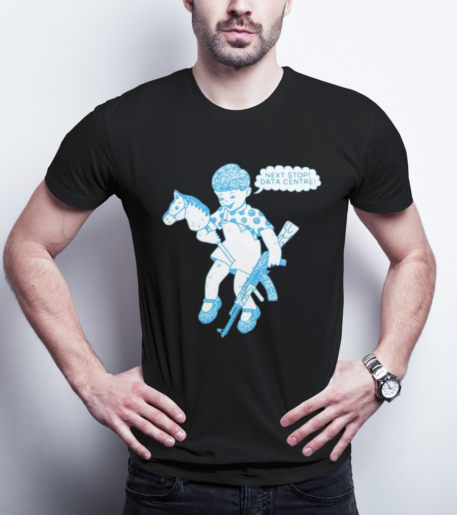 Next Stop Data Centre Kid With Hobby Horse And Toy Rifle Tech Humor T-Shirt