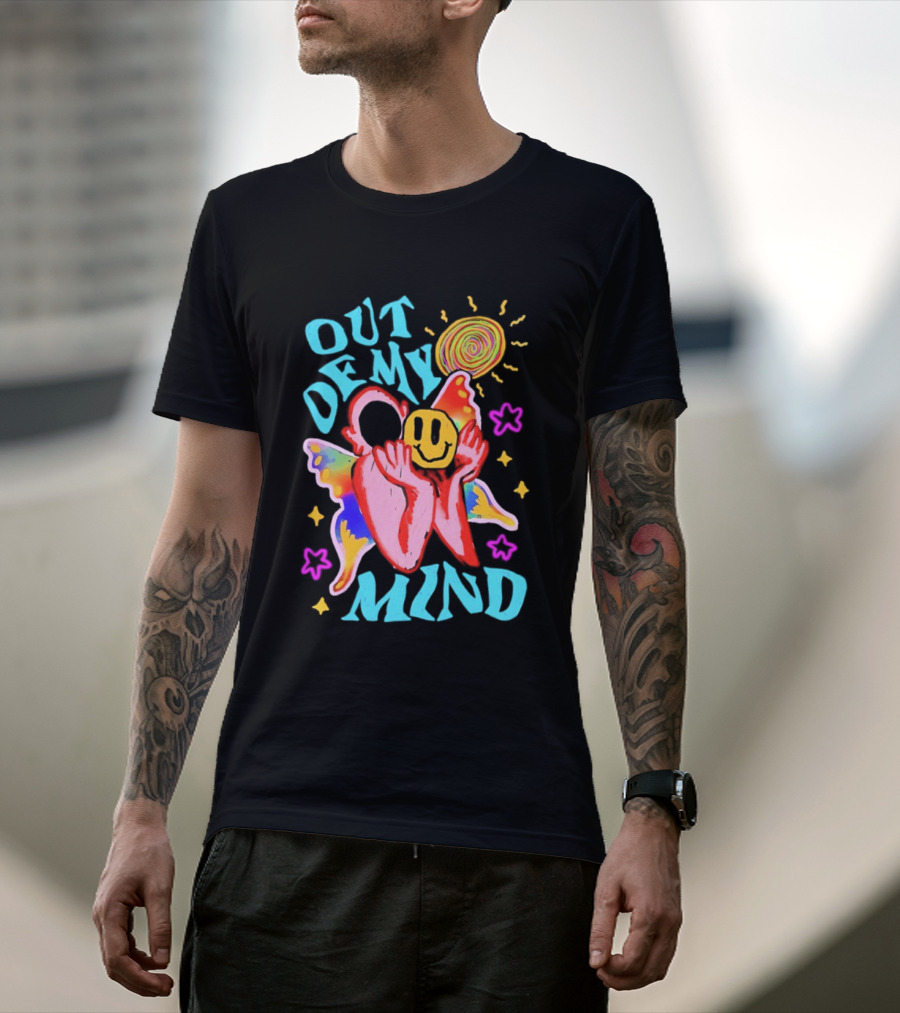 Out Of My Mind Smiley Face Butterfly Psychedelic Sunburst Fantasy Flowers T-Shirt
