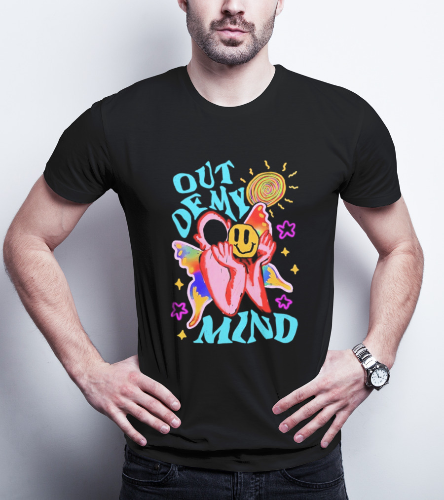 Out Of My Mind Smiley Face Butterfly Psychedelic Sunburst Fantasy Flowers T-Shirt