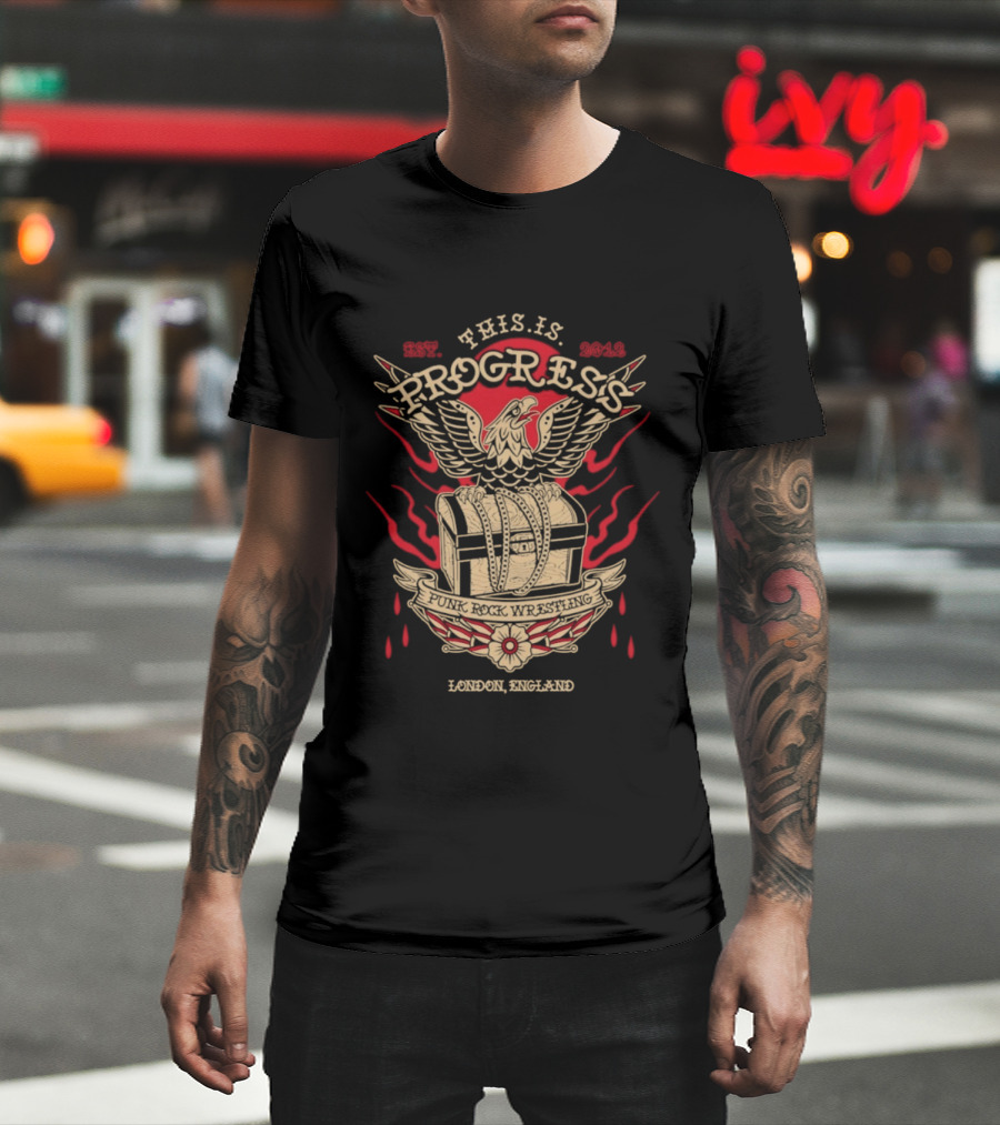 This Is Progress Punk Rock Wrestling London England Est. 2012 Eagle Chest Flames T-Shirt