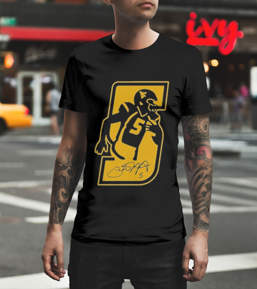 West Virginia Mountaineers Number 5 Retirement Football Icon With Signature T-Shirt