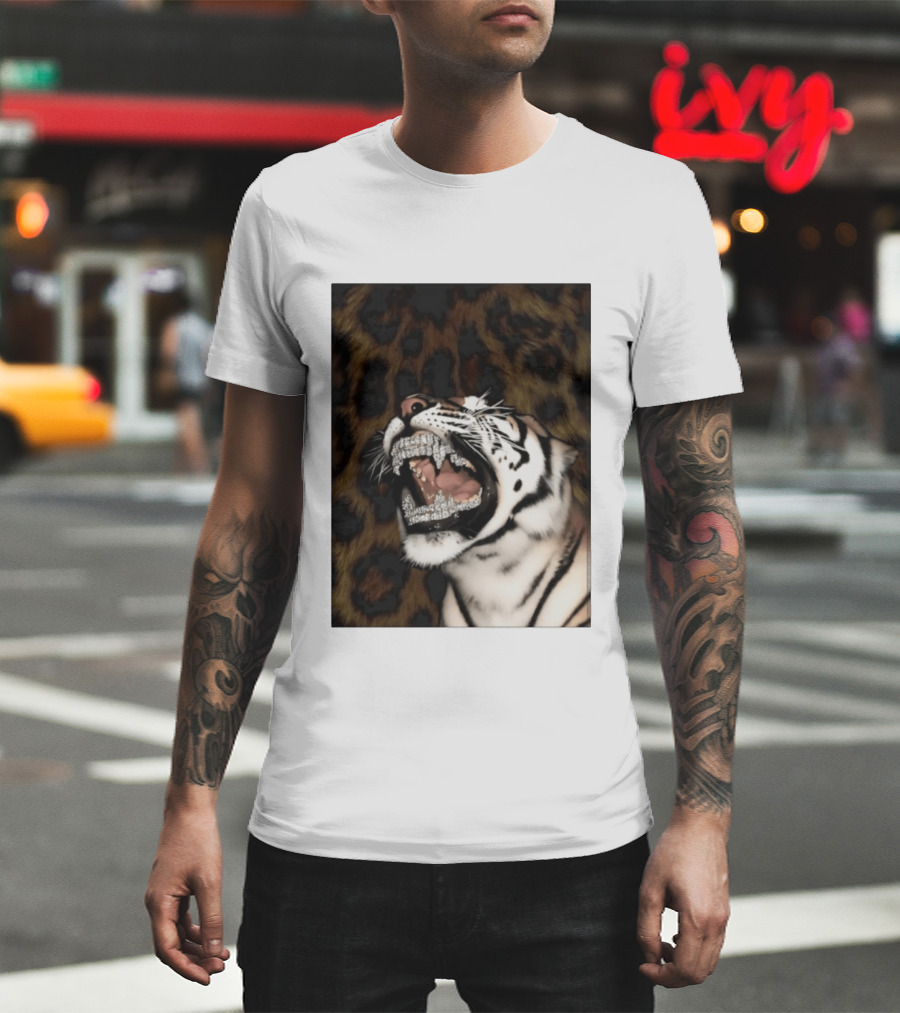 Tiger Diamond Grillz Iced Out Animal Roaring With Leopard Print T-Shirt