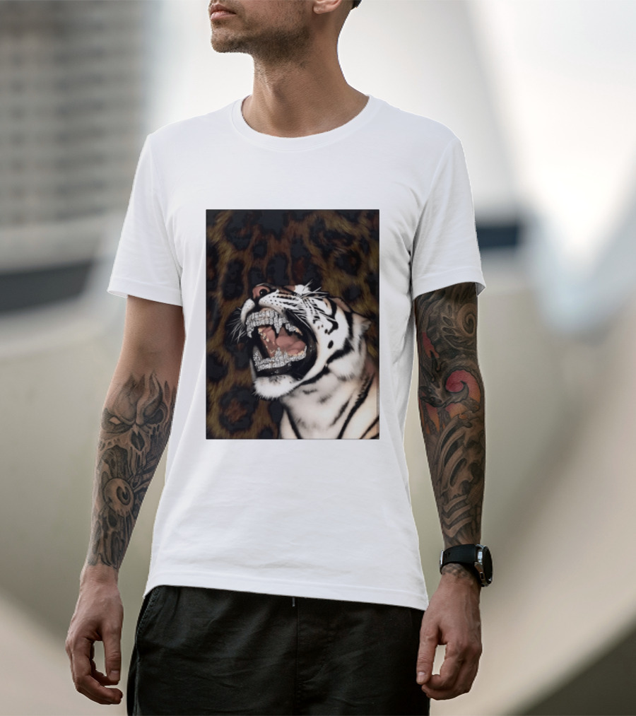 Tiger Diamond Grillz Iced Out Animal Roaring With Leopard Print T-Shirt