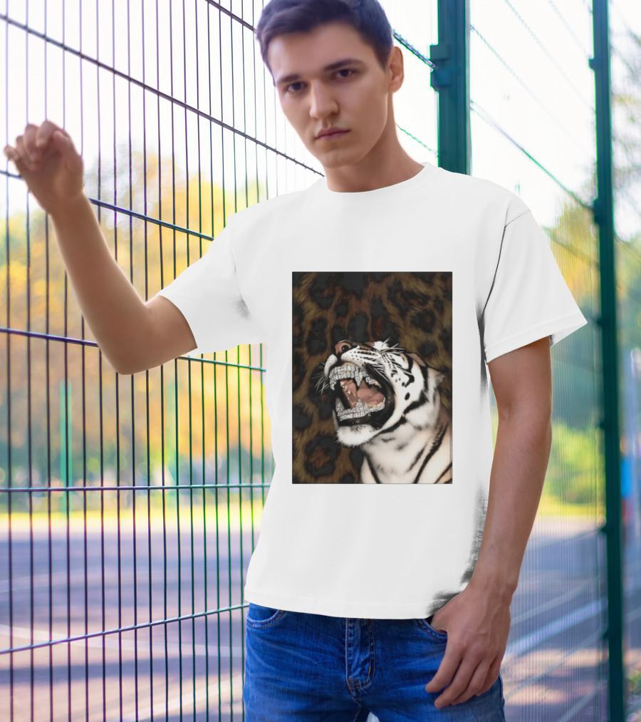 Tiger Diamond Grillz Iced Out Animal Roaring With Leopard Print T-Shirt