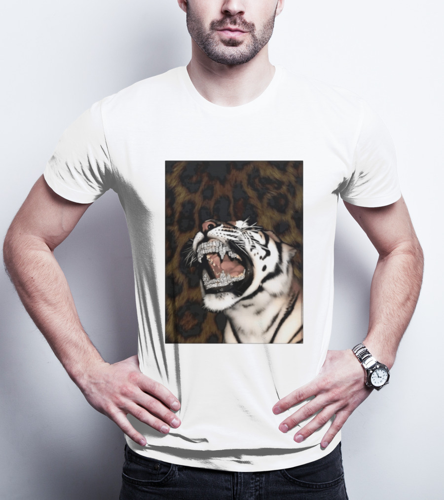 Tiger Diamond Grillz Iced Out Animal Roaring With Leopard Print T-Shirt