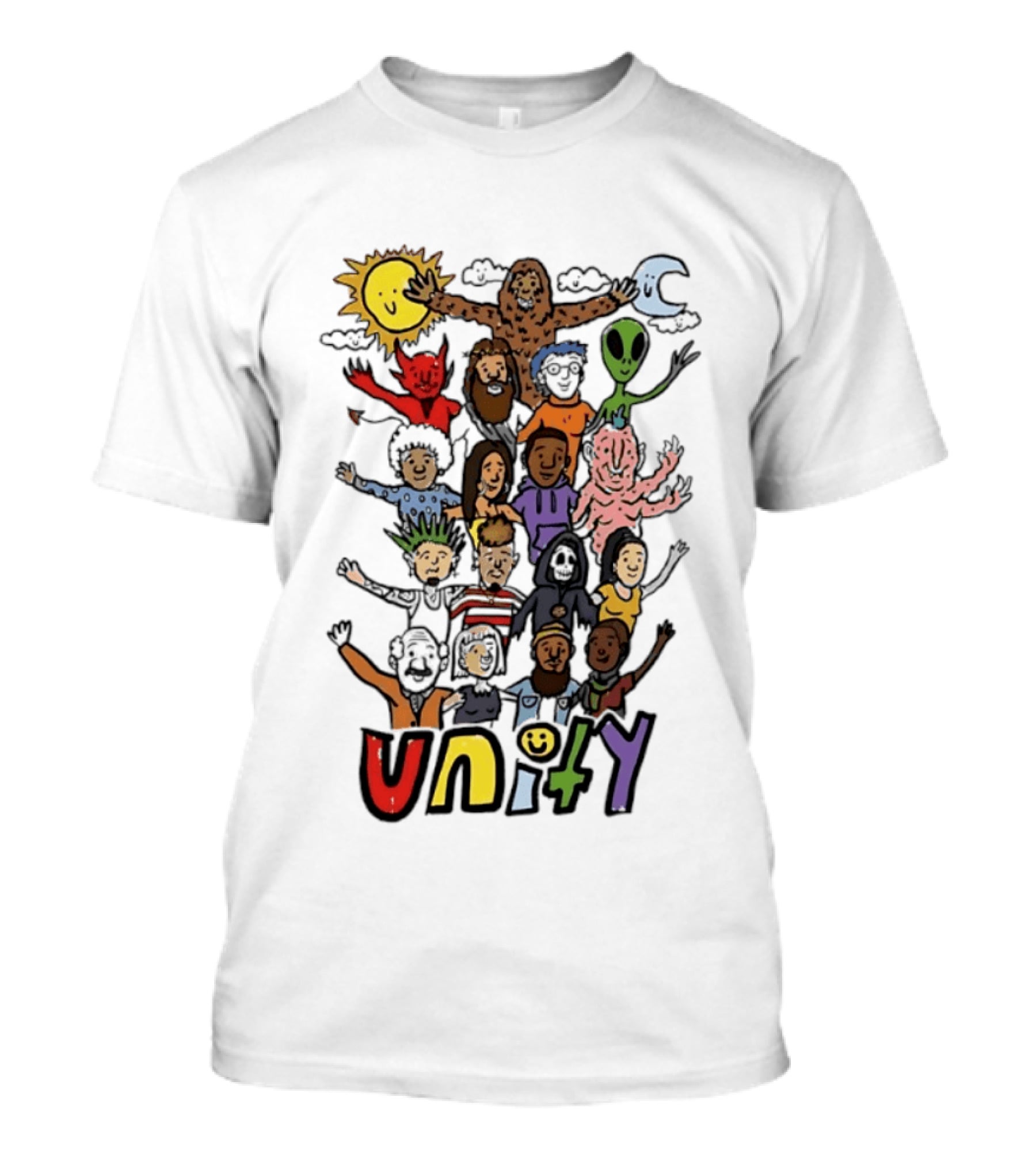 Unity Cartoon Characters Doodle Diverse Characters Aliens Bigfoot Devil Sun Moon T-Shirt