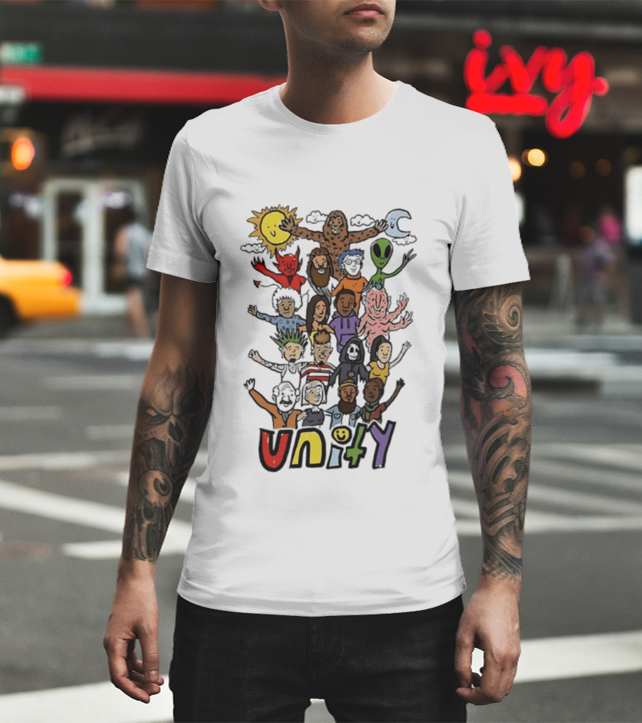 Unity Cartoon Characters Doodle Diverse Characters Aliens Bigfoot Devil Sun Moon T-Shirt