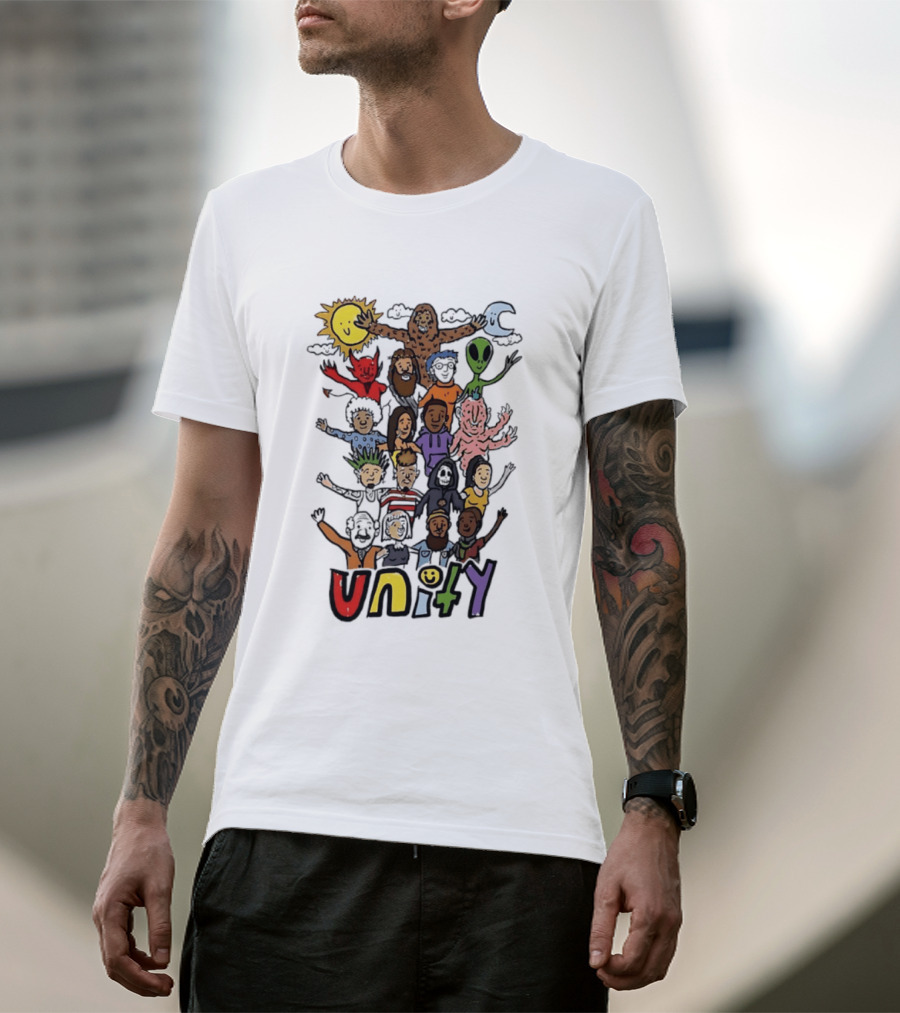 Unity Cartoon Characters Doodle Diverse Characters Aliens Bigfoot Devil Sun Moon T-Shirt