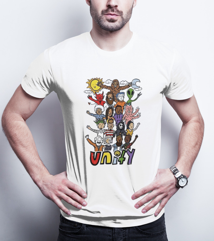 Unity Cartoon Characters Doodle Diverse Characters Aliens Bigfoot Devil Sun Moon T-Shirt