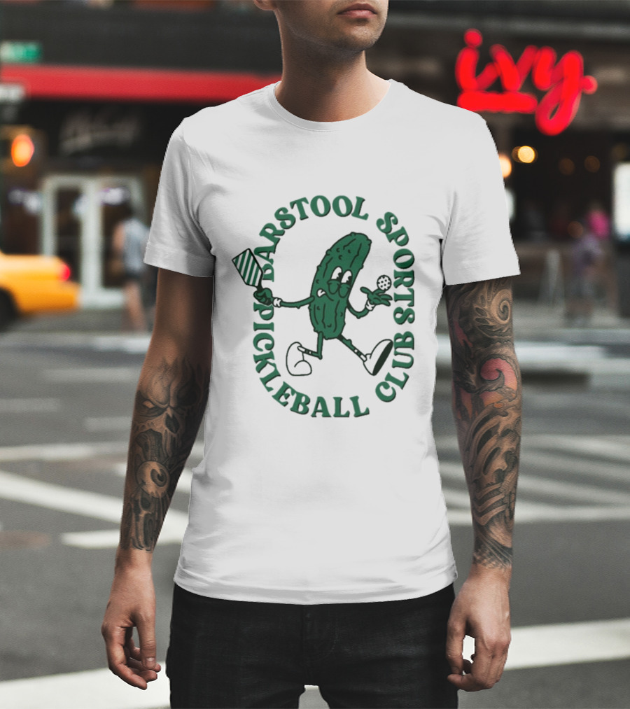 Barstool Sports Pickleball Club Animated Pickle Character With Paddle And Ball T-Shirt