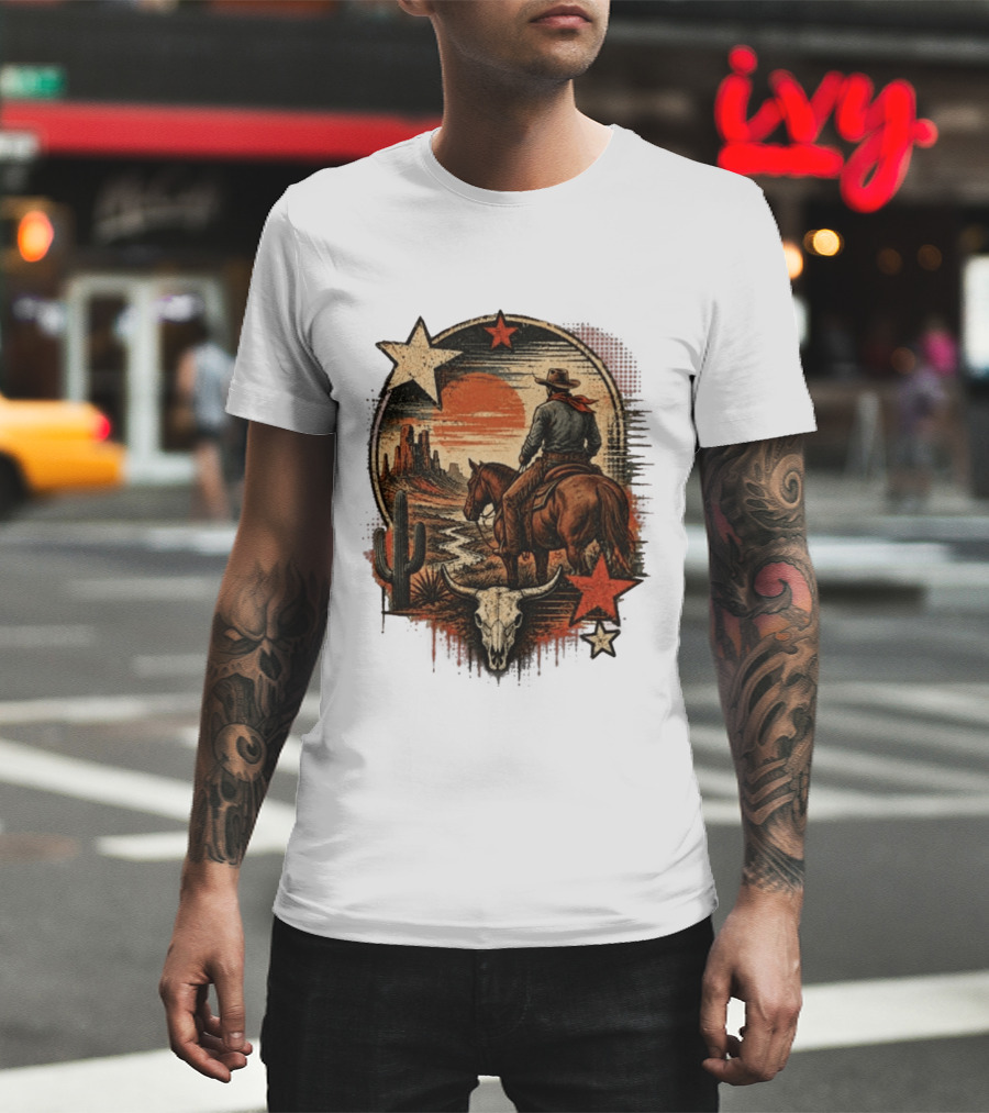 Cowboy On Horseback Under Desert Sunset With Cactus And Skull T-Shirt