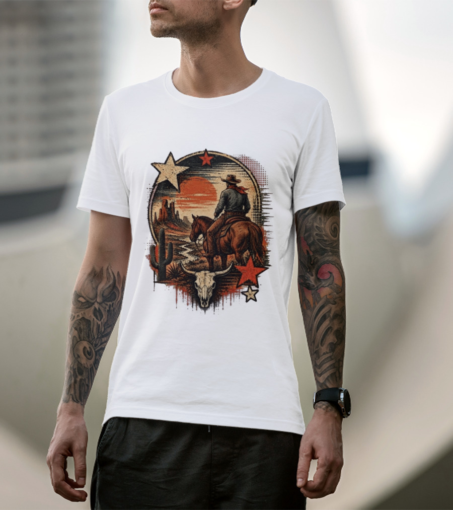 Cowboy On Horseback Under Desert Sunset With Cactus And Skull T-Shirt