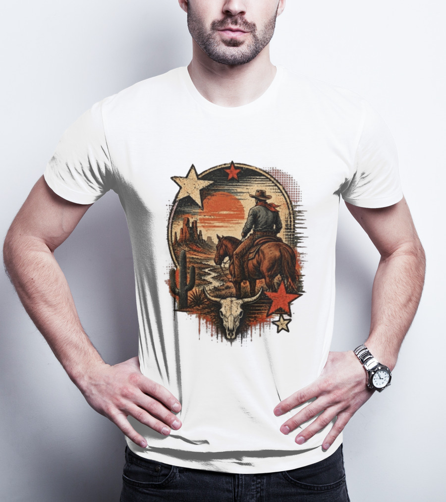 Cowboy On Horseback Under Desert Sunset With Cactus And Skull T-Shirt